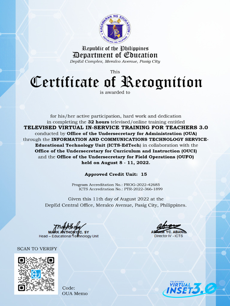 Virtual Inset 3.0 - Certificate of Recognition | PDF
