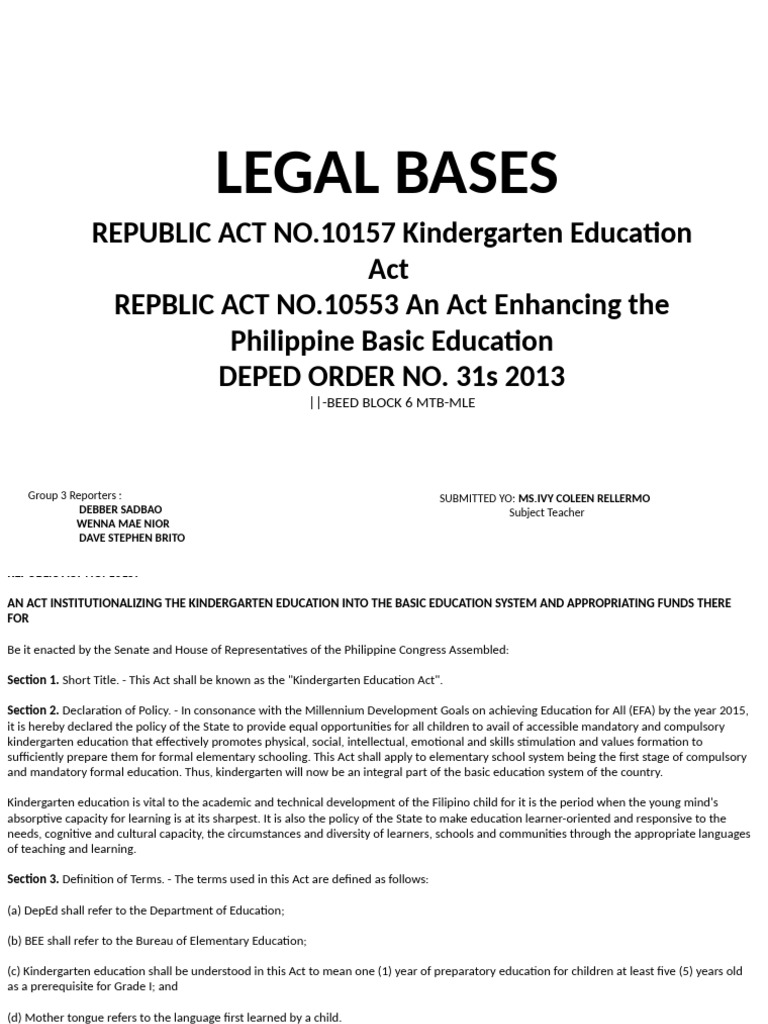 LEGAL-BASES | PDF | Curriculum | Kindergarten