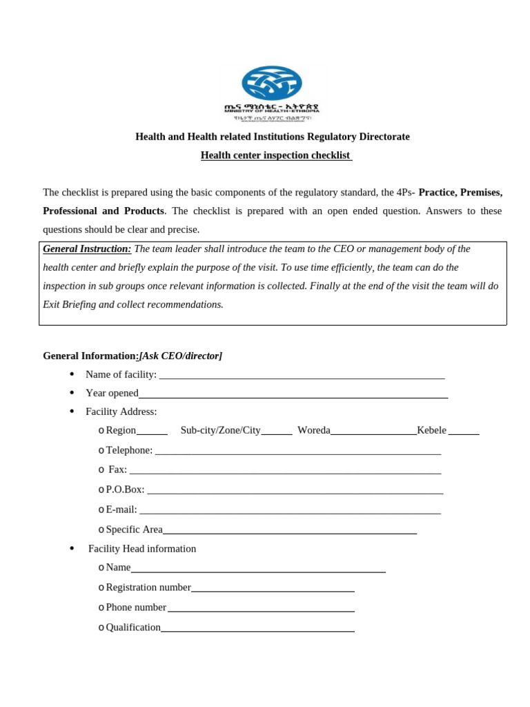 Health Center Inspection Checklist | PDF | Nursing | Surgery