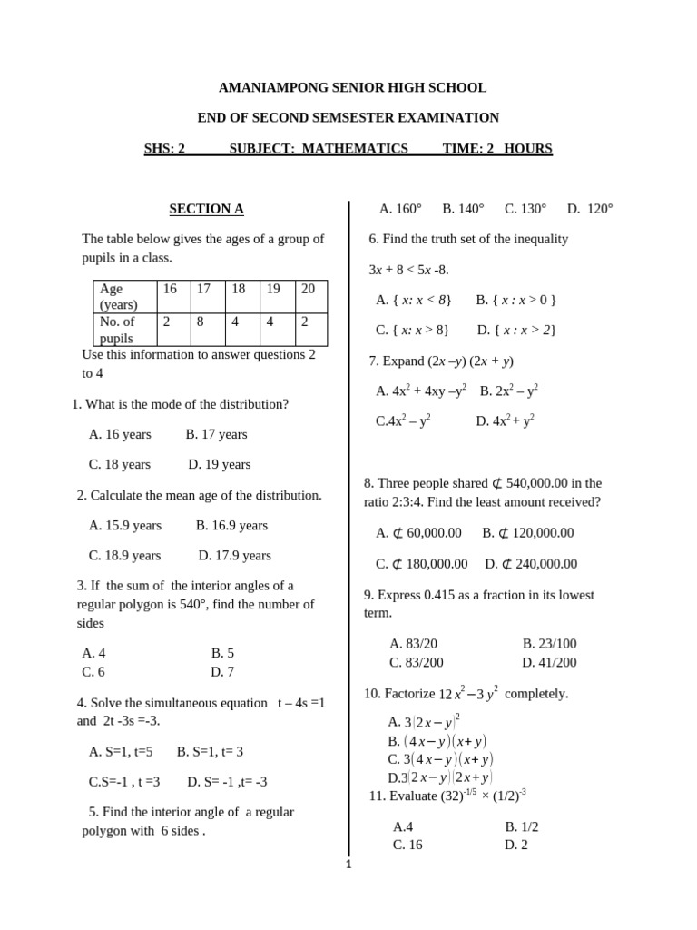 Form 2 Maths Second Semester Exams | PDF | Mathematics