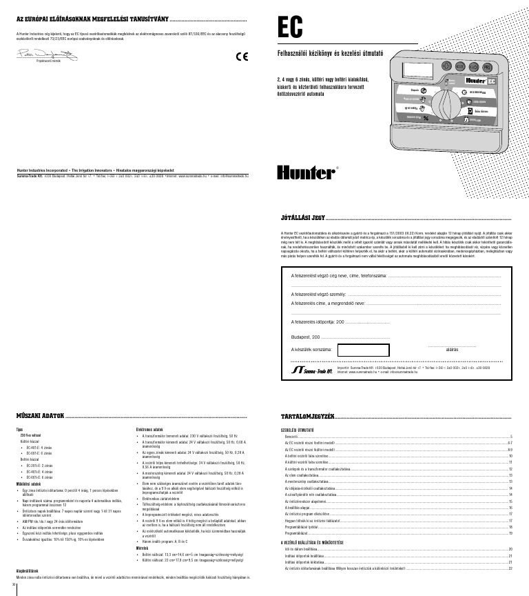 Hunter EC automatika öntözőrendszer kezelési útmutató | PDF