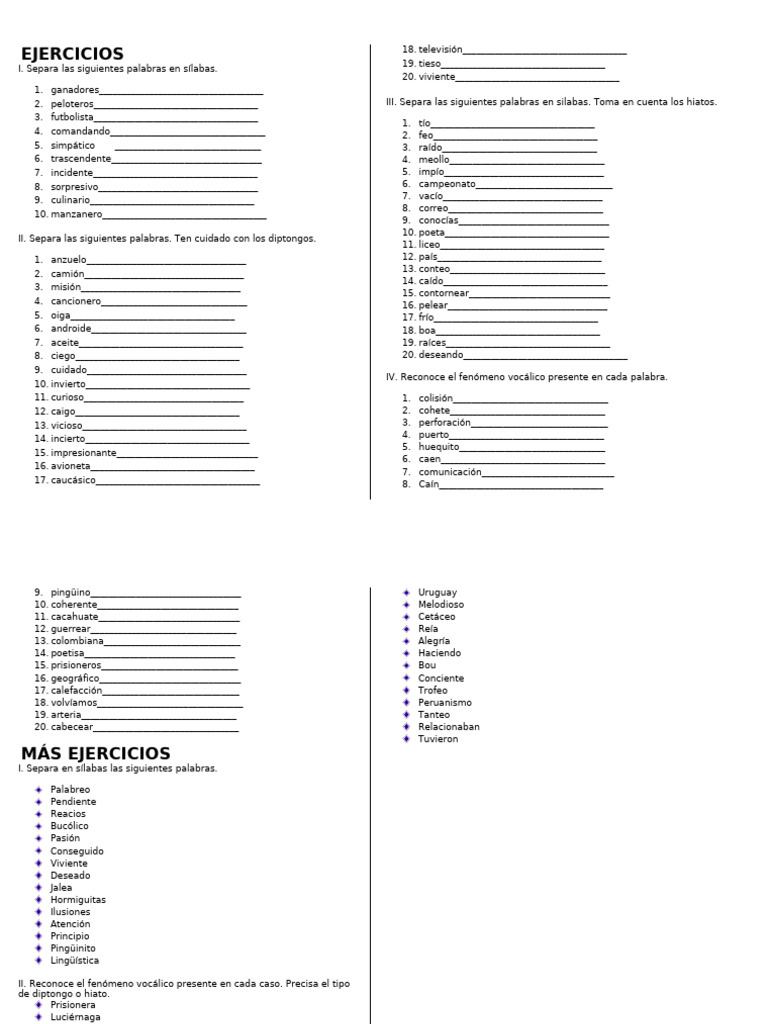 Ejercicios de Separación Silábica | PDF | Fonética | Voz humana