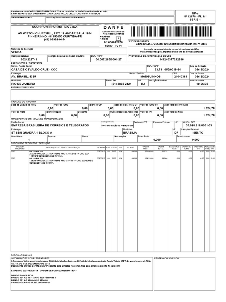 Faturei-NúmeroNFe-12678-Danfe-1 | PDF | Recibo