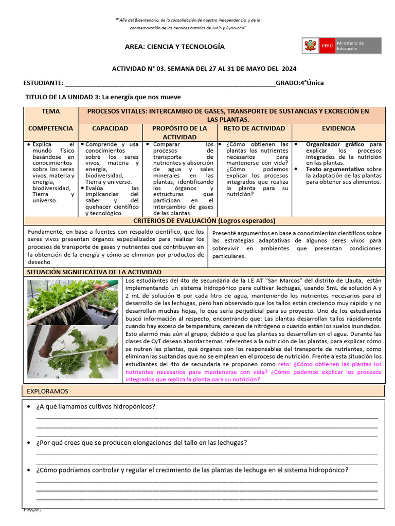(PDF) 4°Sec - UNIDAD 3 - ACTIVIDAD 3 (CyT Explica 2024) - Procesos vitales Intercambio de gases ...