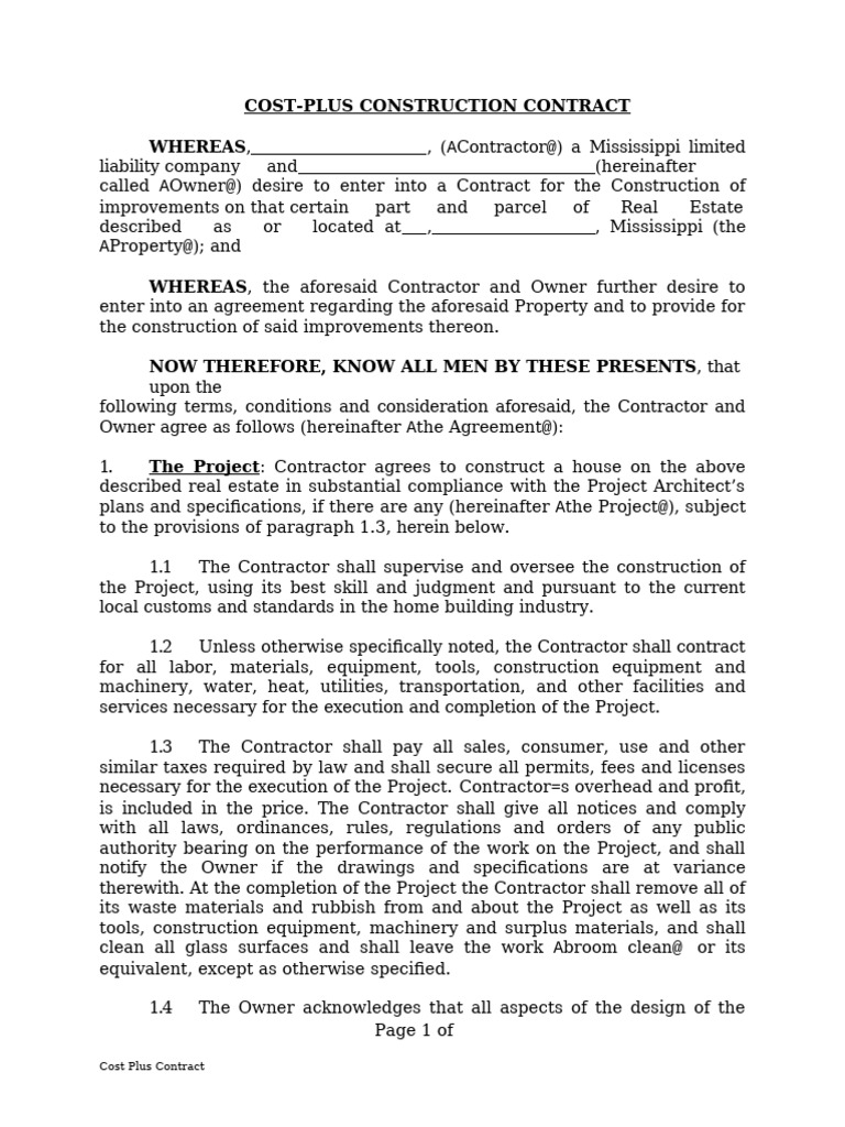 Cost-Plus Construction Contract Template | PDF | Indemnity | Arbitration