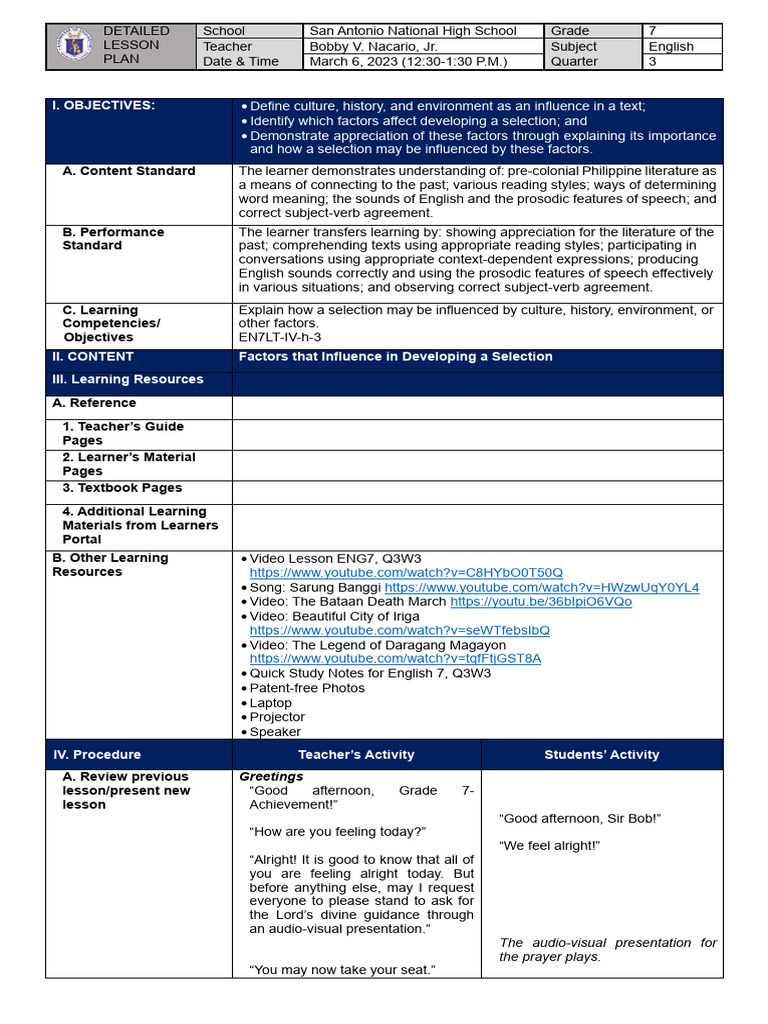 Lesson Plan English Format | PDF | Learning | Thought