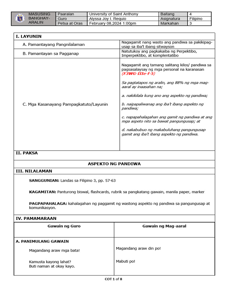 Lesson Plan Elementary Filipino | PDF