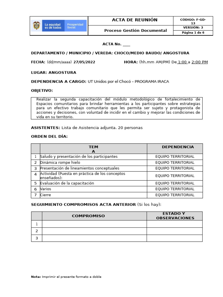 ACTA ESPACIOS FSC ANGOSTURA 2da CAPACITACION | PDF