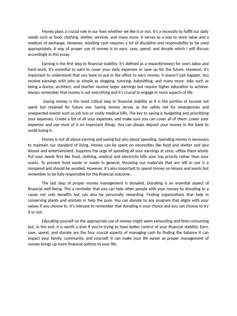 Essay on saving money | PDF | Expense | Money