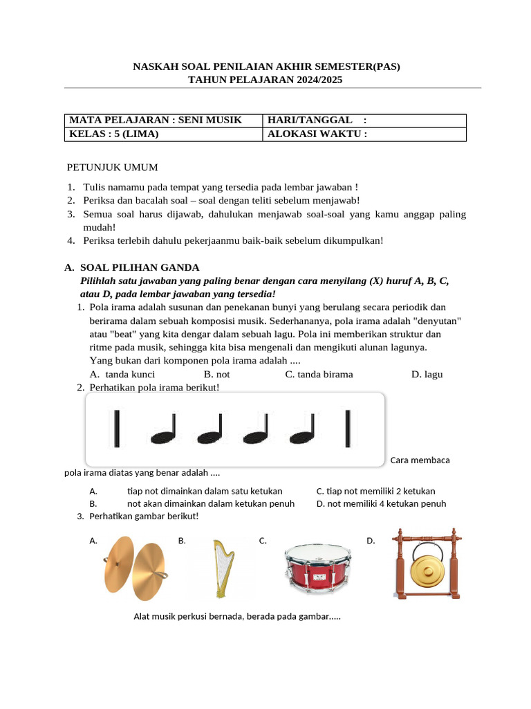 Naskah Soal Seni Musik Kelas 5 | PDF