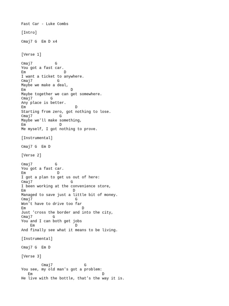 Luke Combs - Fast Car | PDF | Recorded Music | Sound Recording