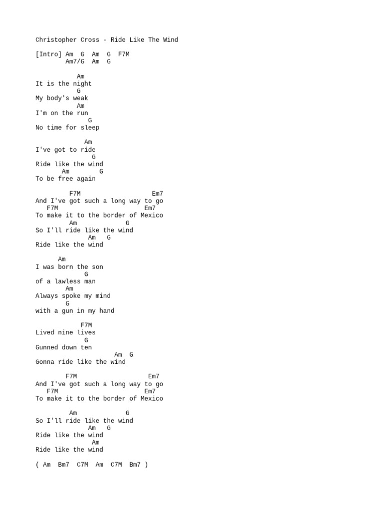 Ride Like The Wind Chords & Lyrics | PDF