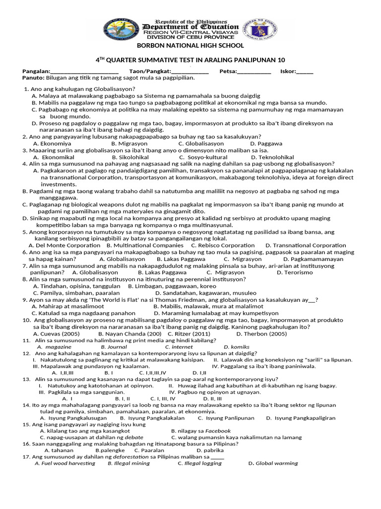 Ap10 - 4THQ Summative Test | PDF