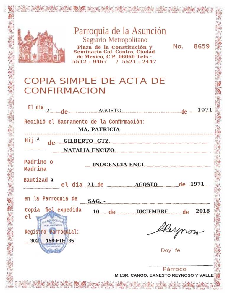 Acta de Confirmación 1971: Ma. Patricia | PDF