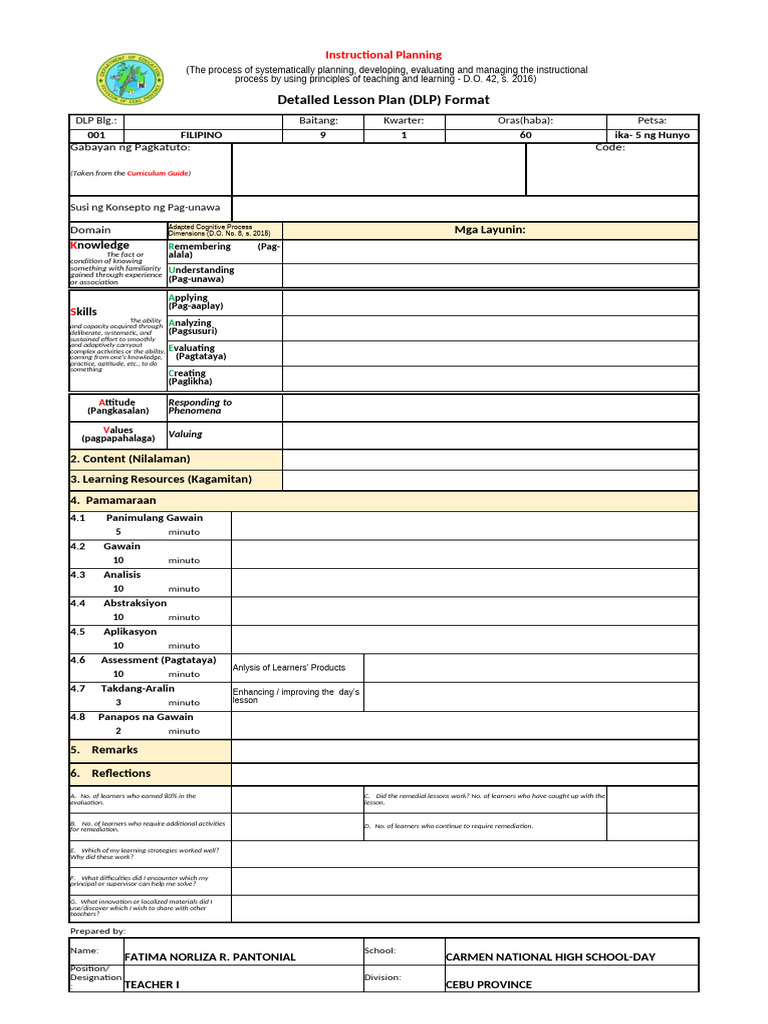 Blank DLP Format | PDF | Learning | Lesson Plan