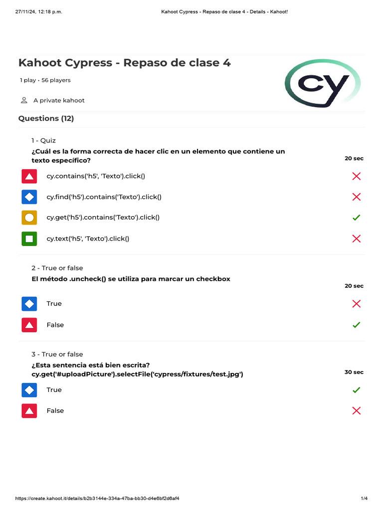 Kahoot Cypress - Repaso de Clase 4 | PDF | Ingeniería de software | Software