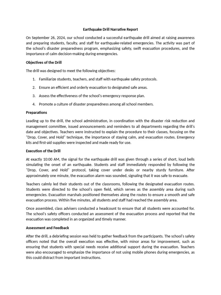 Earthquake Drill Narrative Report | PDF | Emergency Management ...