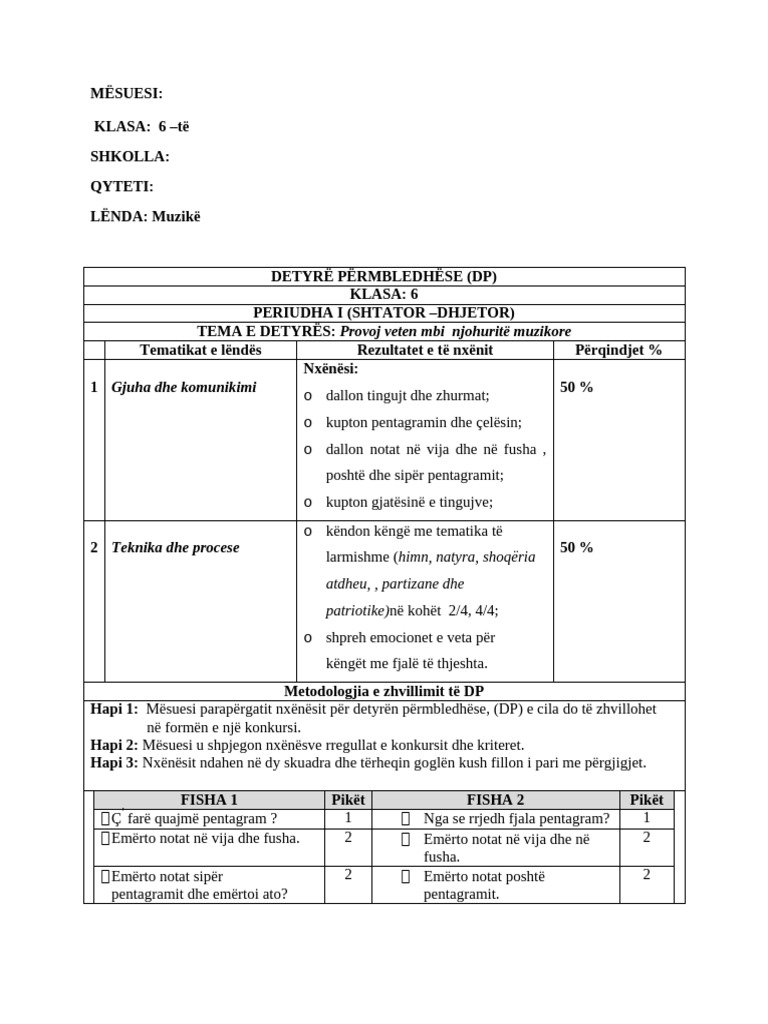 Muzika 6 - Detyrë Përmbledhëse 2023-2024 | PDF