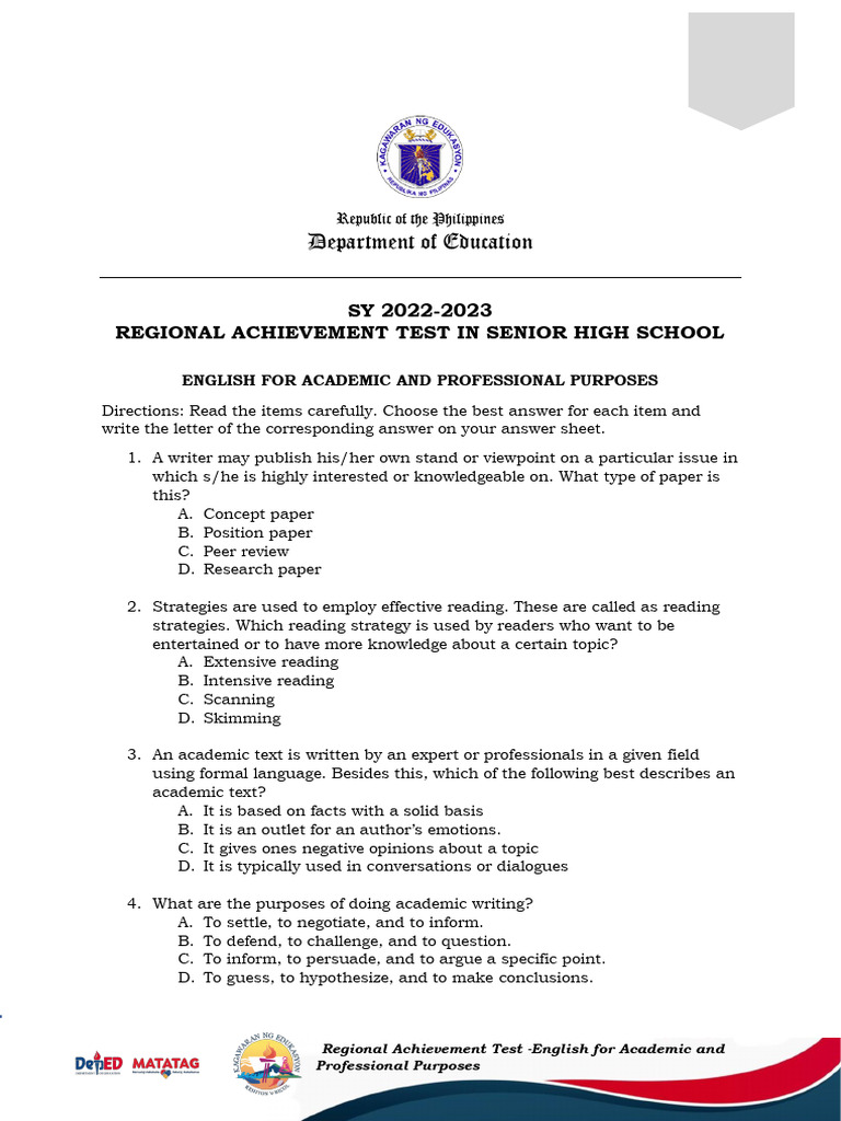 RAT English For Academic Purposes | PDF | Essays | Knowledge