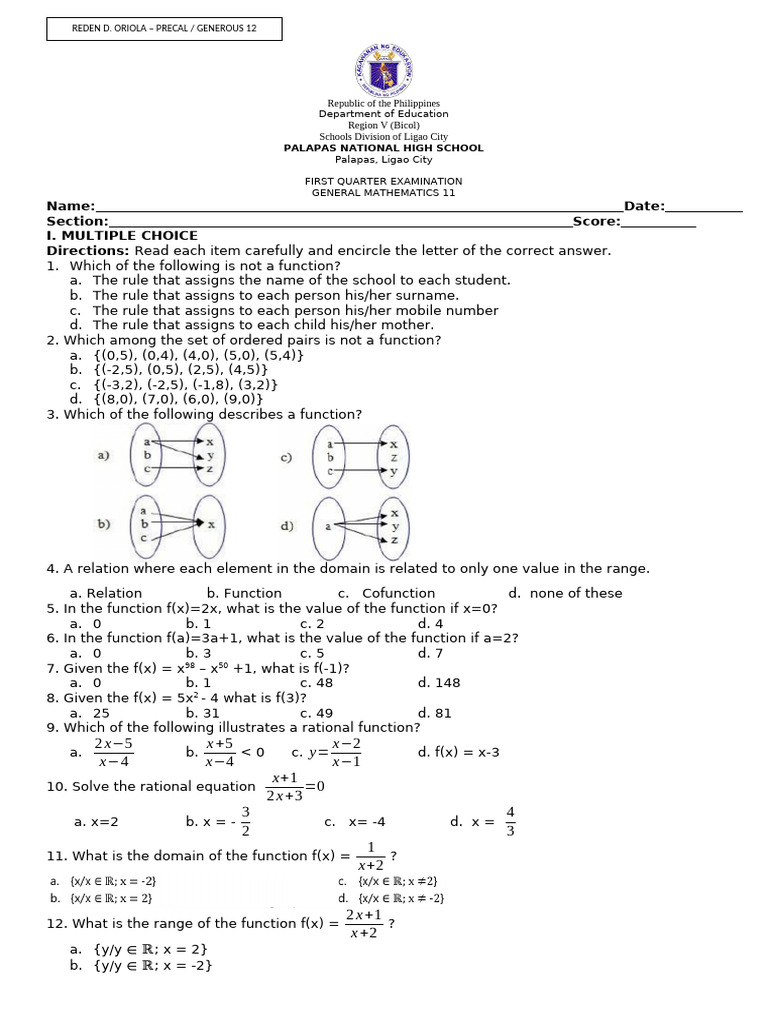 General Mathematics 1st Periodic Exam | PDF | Function (Mathematics) | Mathematical Logic