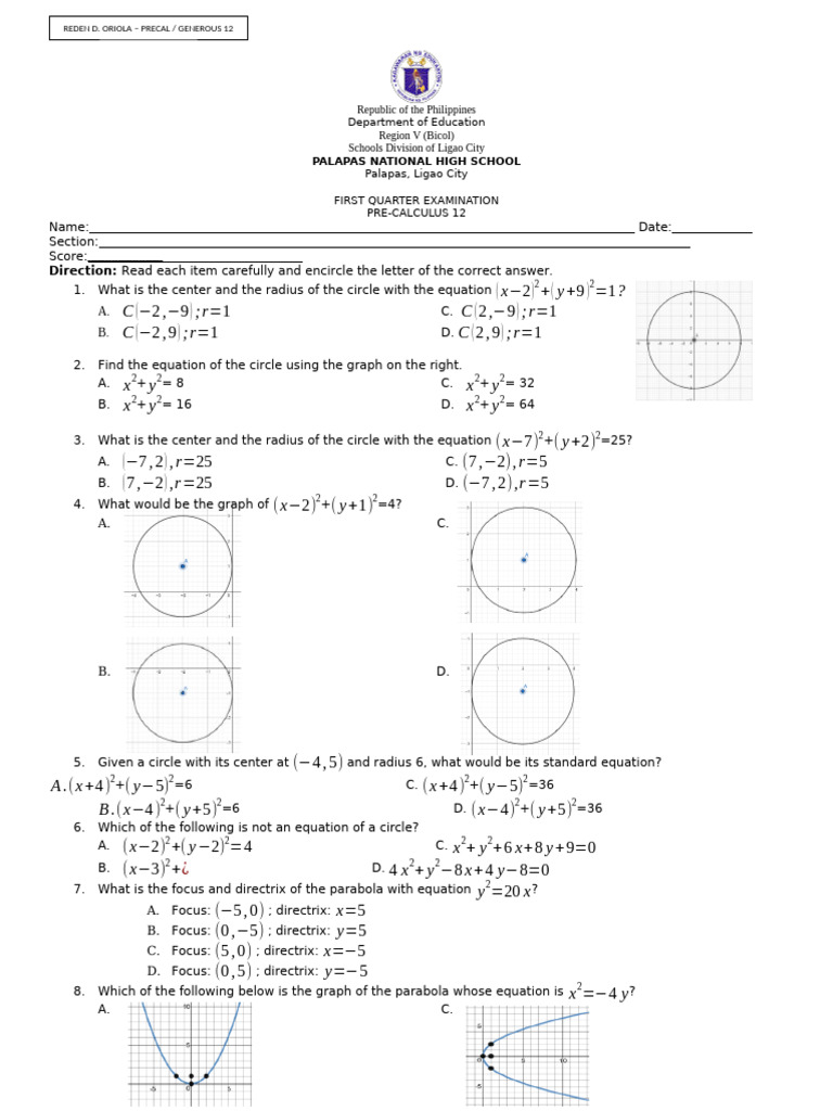PRE-CALCULUS 1st Periodic Exam | PDF | Euclidean Plane Geometry ...