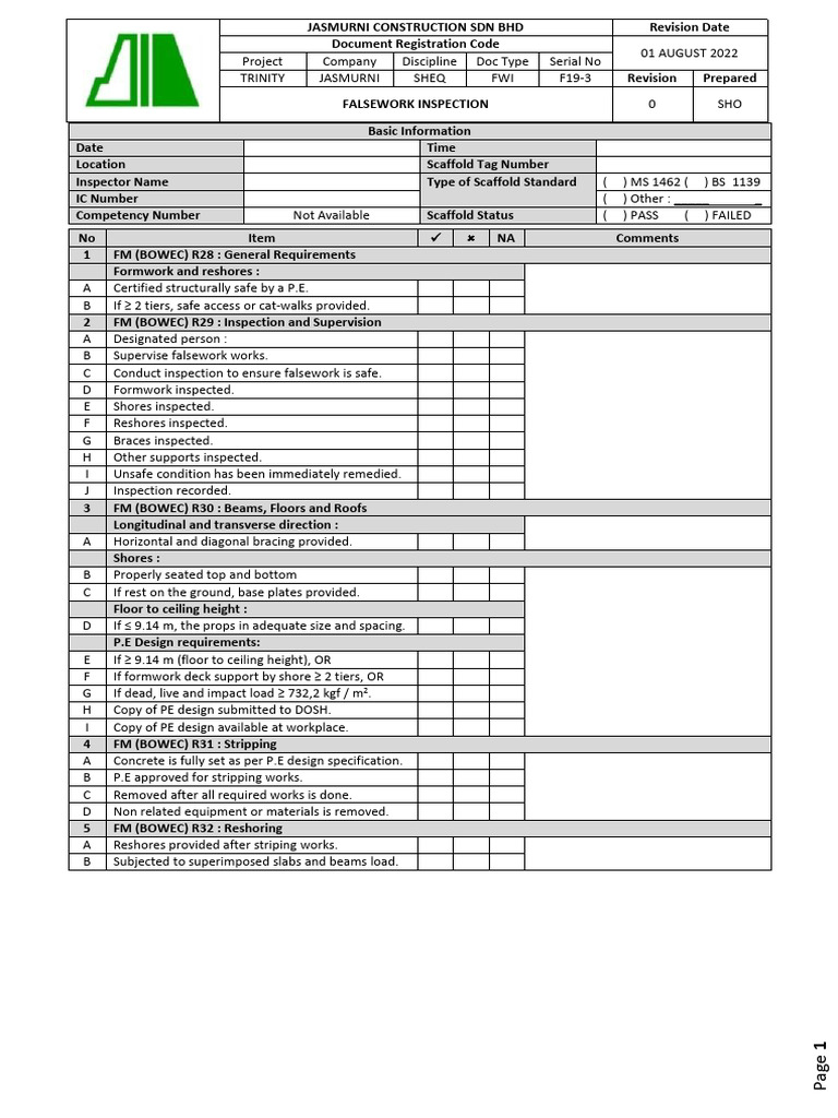 Falsework Inspection Report - Jasmurni | PDF | Scaffolding | Structural ...