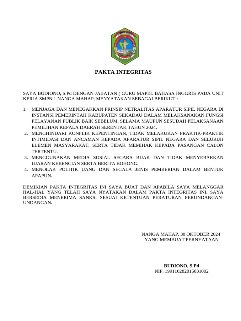 Pakta Integritas Guru SMPN 1 Nanga Mahap | PDF
