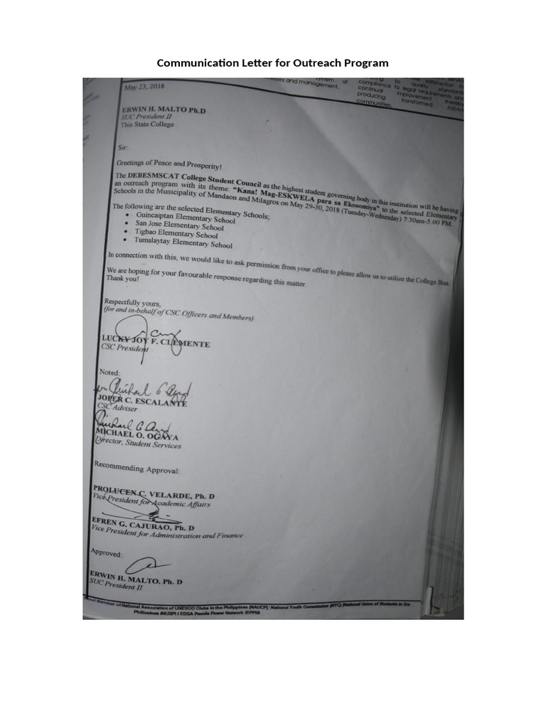 Communication Letter For Outreach Program | PDF