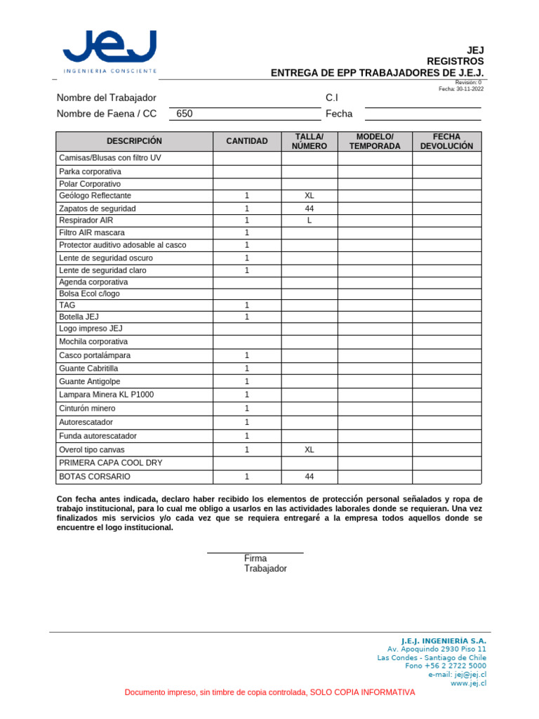 JEJ GAF AB REG 019 - Entrega - DevolucionEPP - Rev0 | PDF | Ropa
