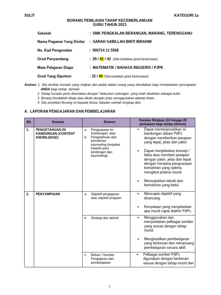 Borang Penilaian Tahap Kecemerlangan Guru Dg44 (Sarah) | PDF