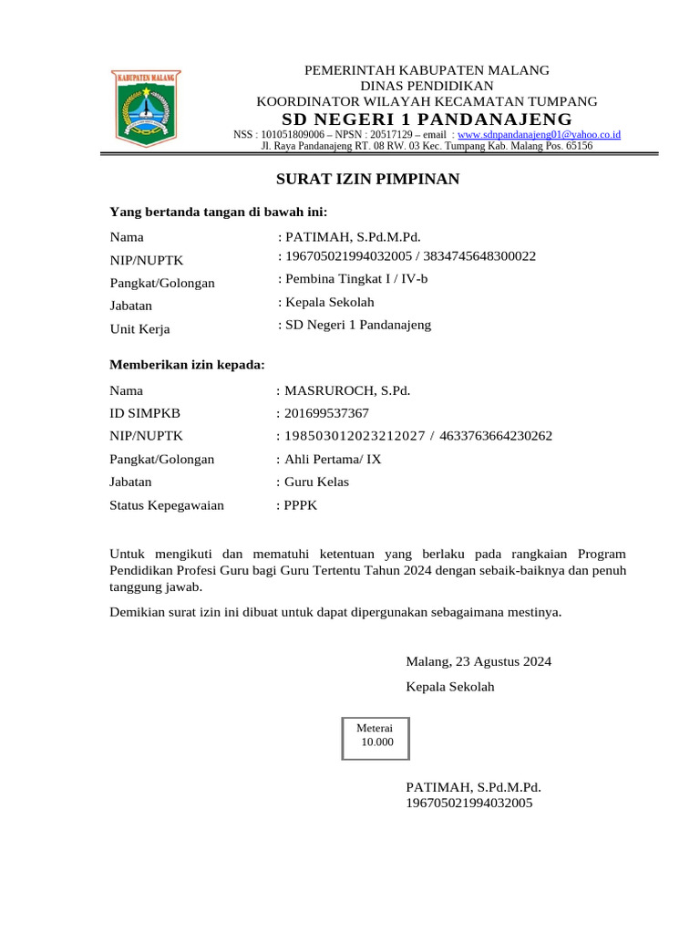 Surat Izin Program Pendidikan Guru 2024 | PDF
