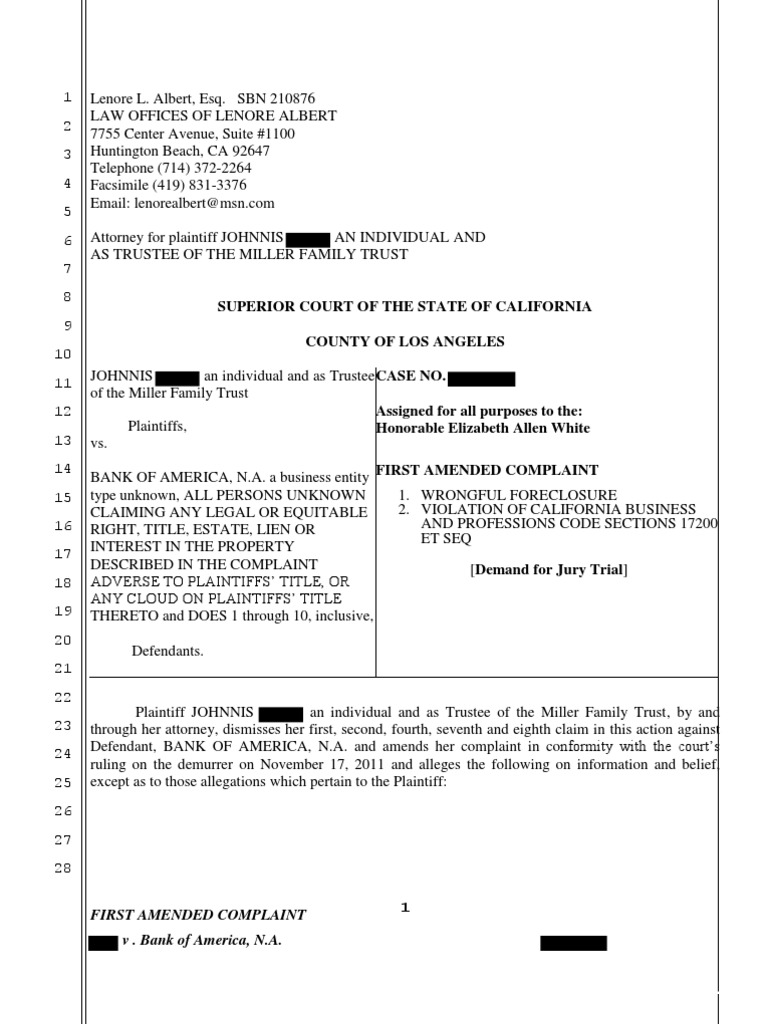 Bank of America Complaint for Wrongful Foreclosure on Beneficiary of a ...