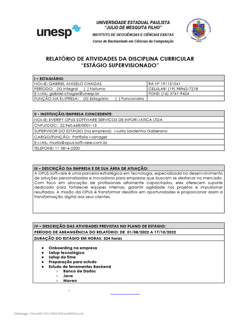 RelatorioEstagioFinal - Gabriel Chagas - Clicksign | PDF | Rede mundial de computadores ...