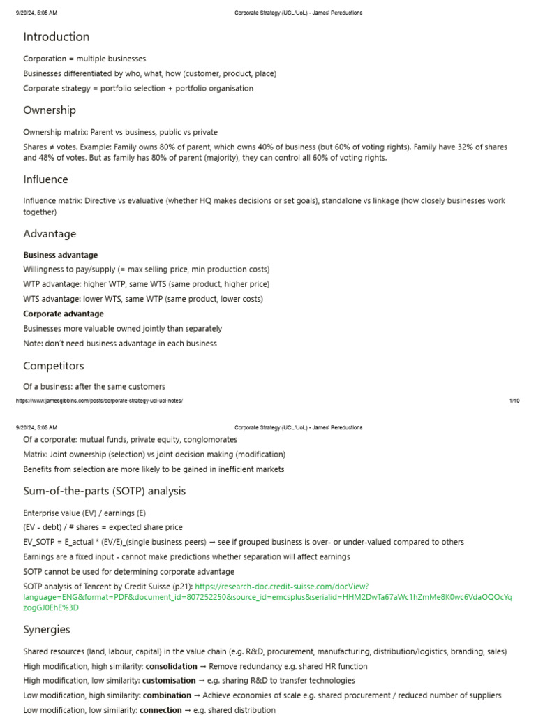 Corporate Strategy (UCL - UoL) - James' Pereductions | PDF | Strategic ...