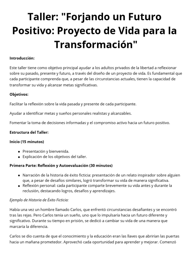Taller Forjando Un Futuro Positivo Proyecto de Vida para La ...