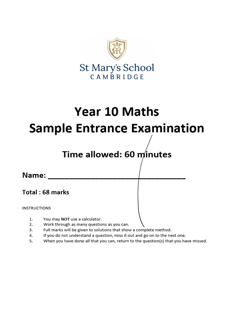Year 10 Maths Entrance Exam Sample | PDF | Mathematics