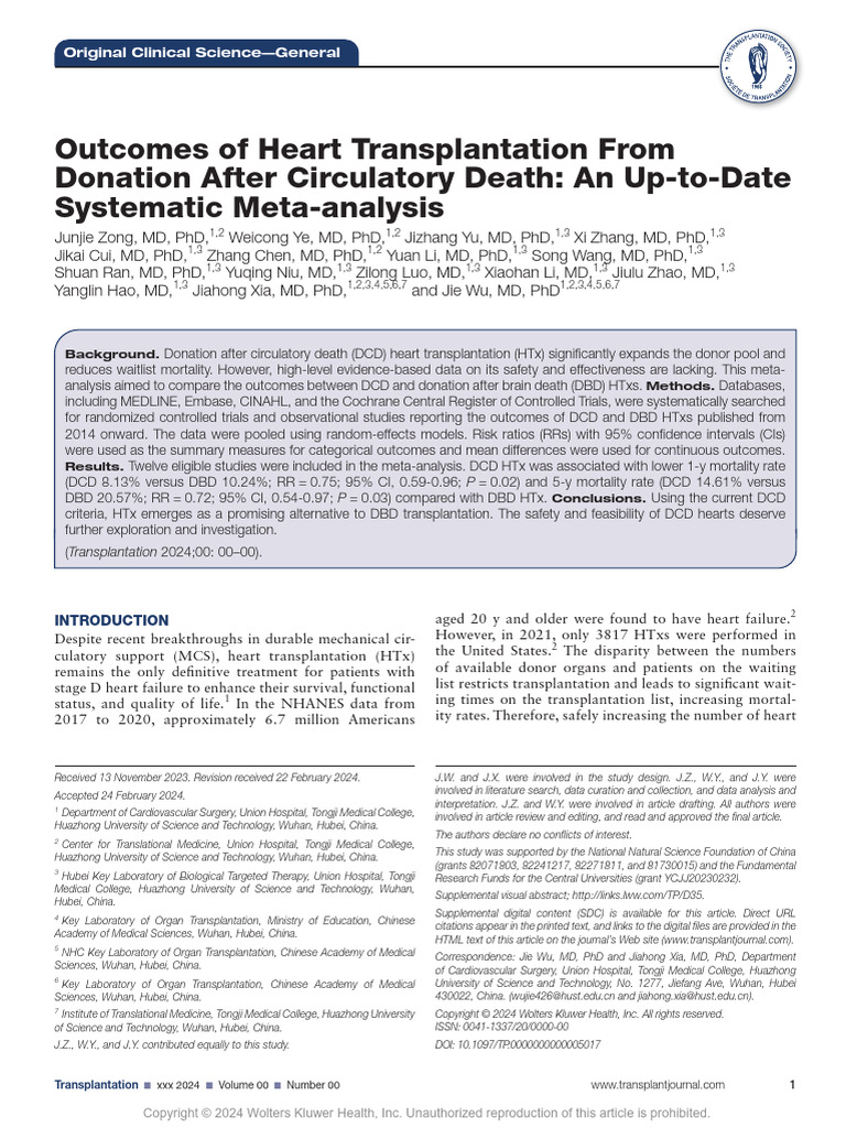 Outcomes of Heart Transplantation From Donation After Circulatory Death - An Up-To-Date ...