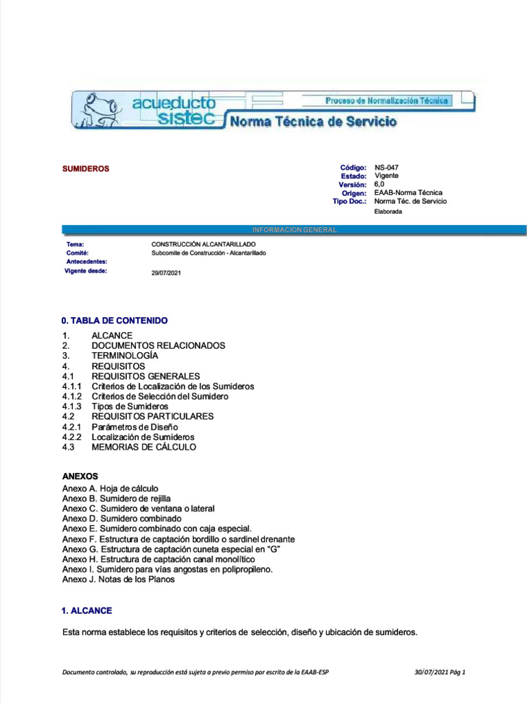 PDF Sumideros Ns 047 Vigente 60 Eaab Norma Tecnica Norma Tec de Servicio - Compress | PDF ...