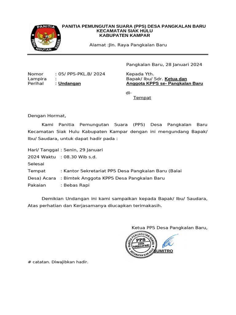 Undangan Bimtek KPPS Pangkalan Baru | PDF