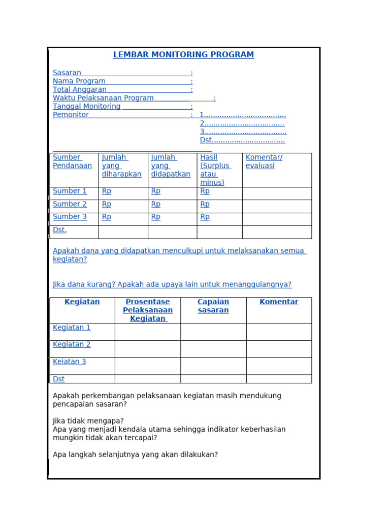 lembar monitoring program | PDF