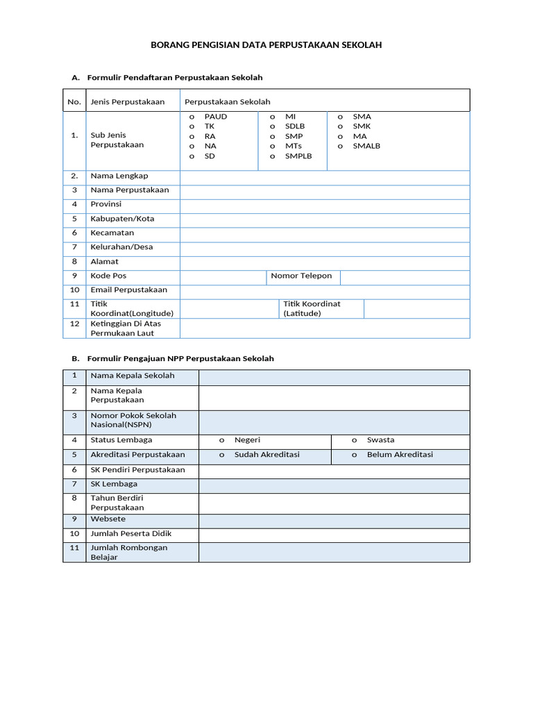 BORANG PENGISIAN DATA PERPUSTAKAAN SEKOLAH (1) | PDF