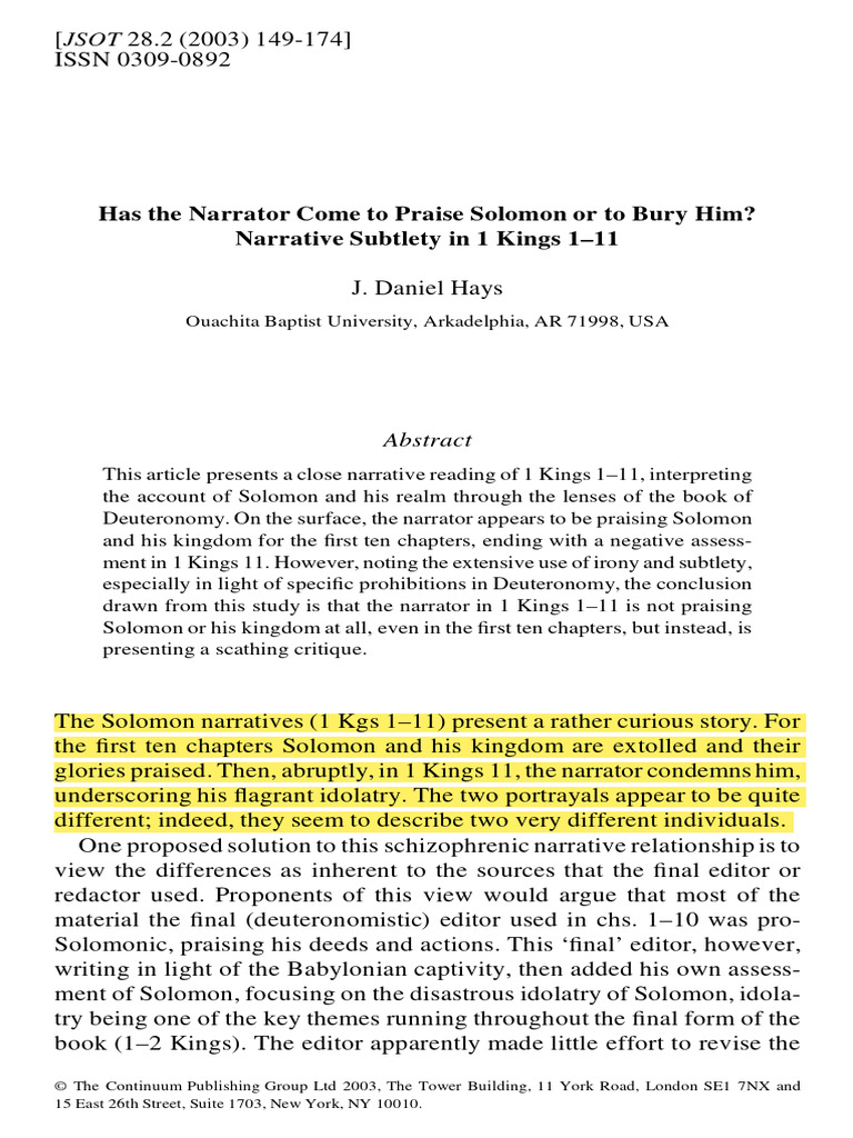 Has the Narrator Come to Praise Solomon or to Bury Him | PDF | David | Solomons