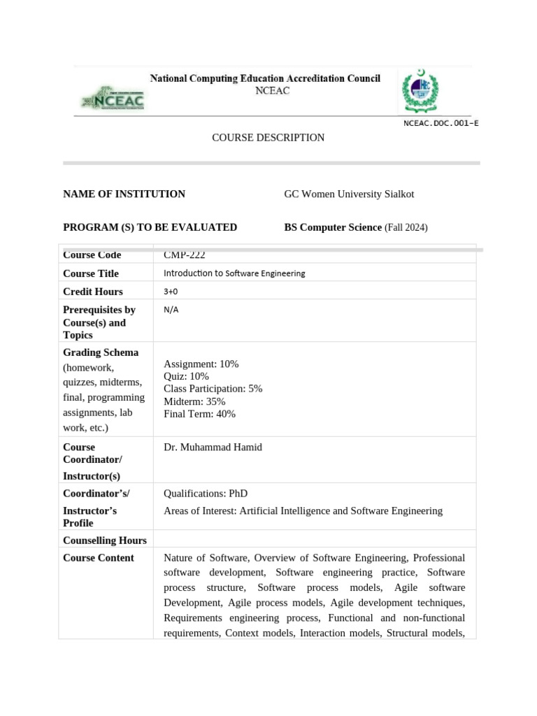 Software Engineering Course Overview | PDF | Software Development Process | Use Case