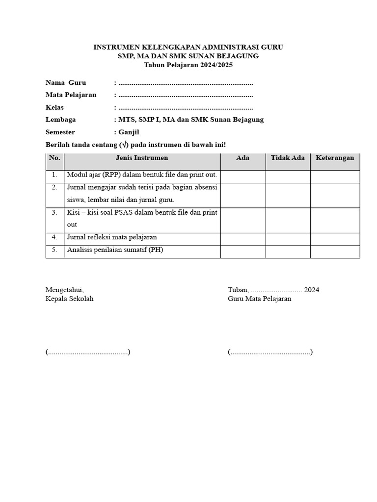 Instrumen Kelengkapan Administrasi Guru | PDF