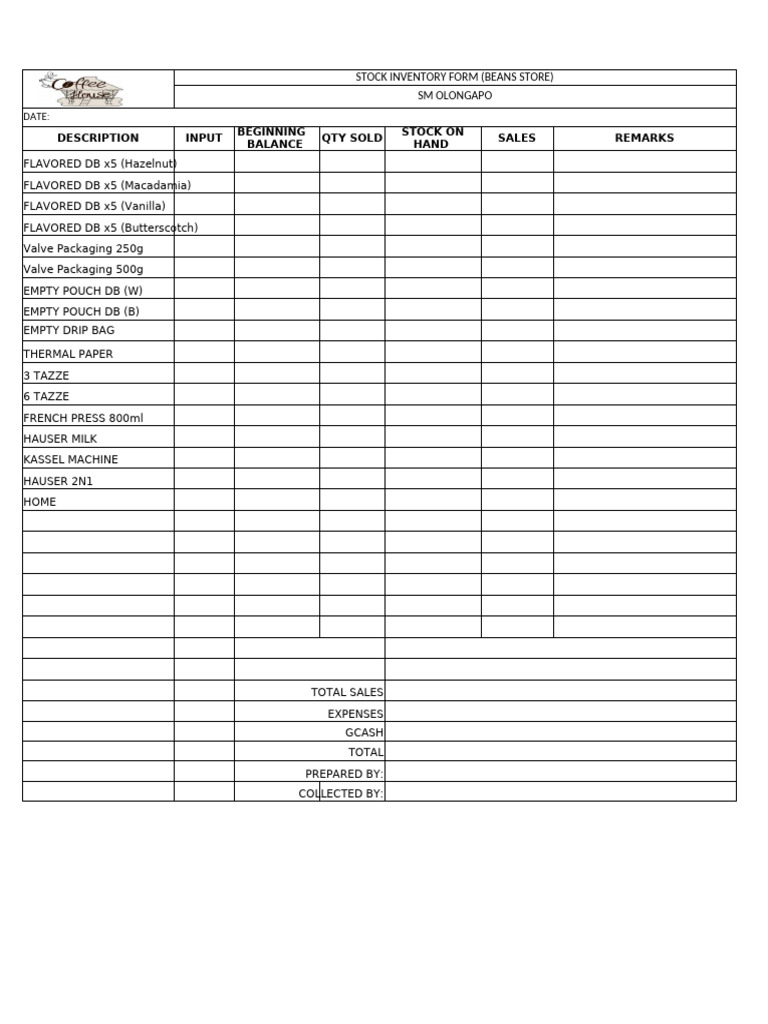 Tallysheet-Inventory Bar- Inventory Beans 2024 | PDF
