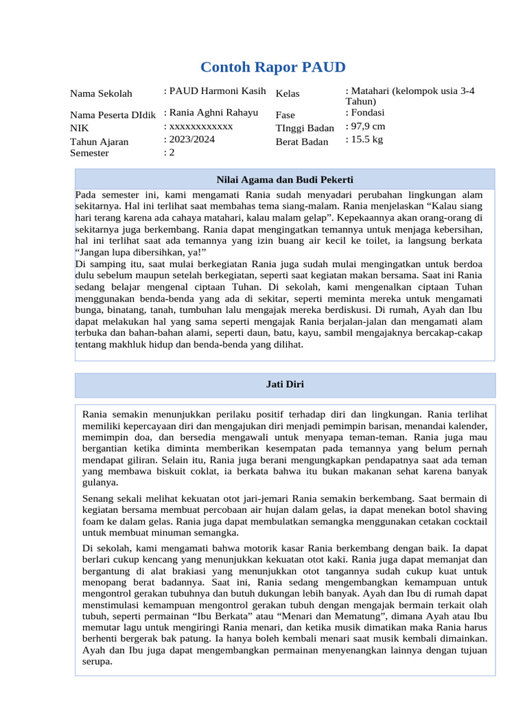 Format Raport Kurikulum Merdeka Paud | PDF