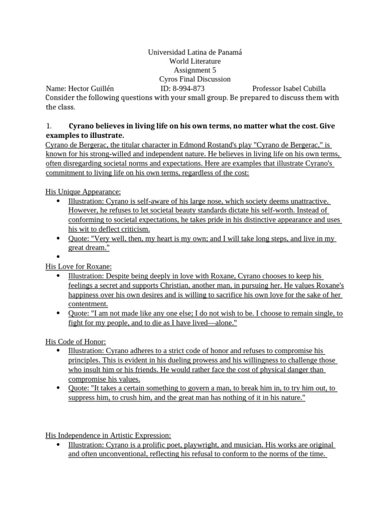 Cyrano Final Discussion (By Hector Guillén) | PDF | Penelope | Love