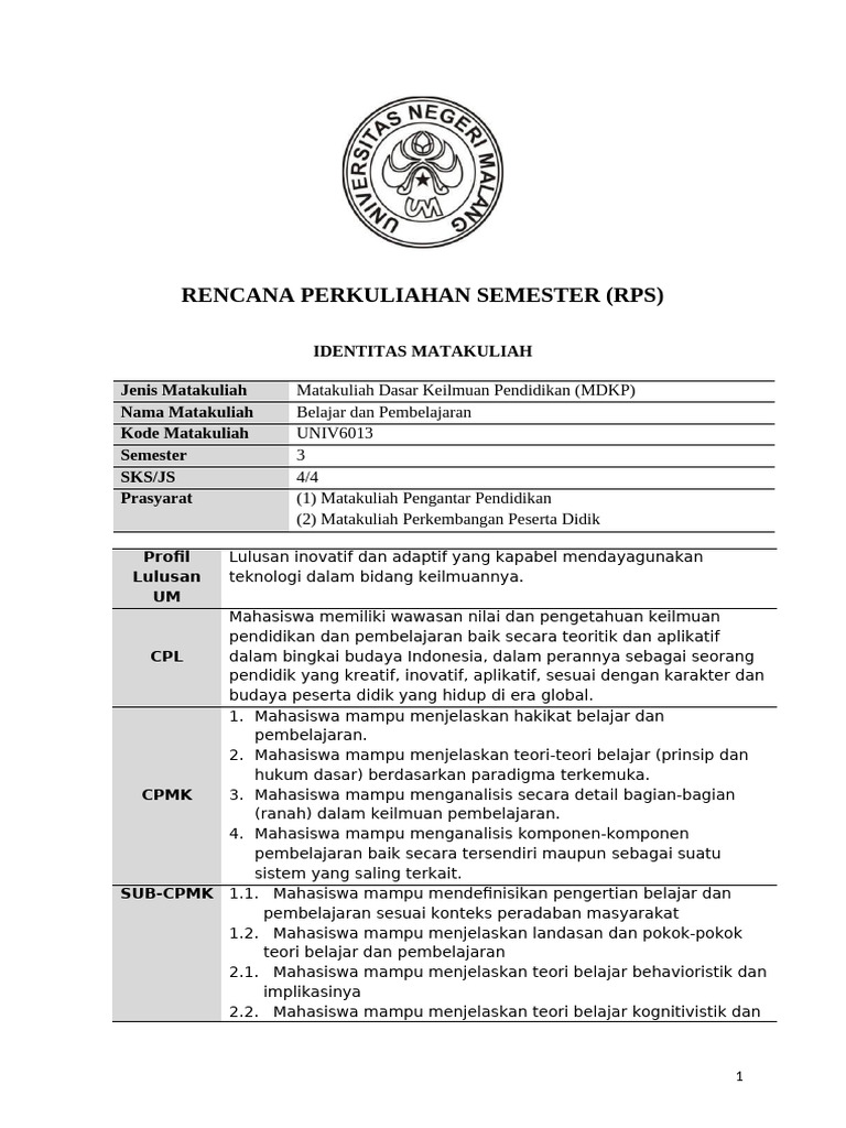 RPS MK. Belajar Pembelajaran Pt. | PDF