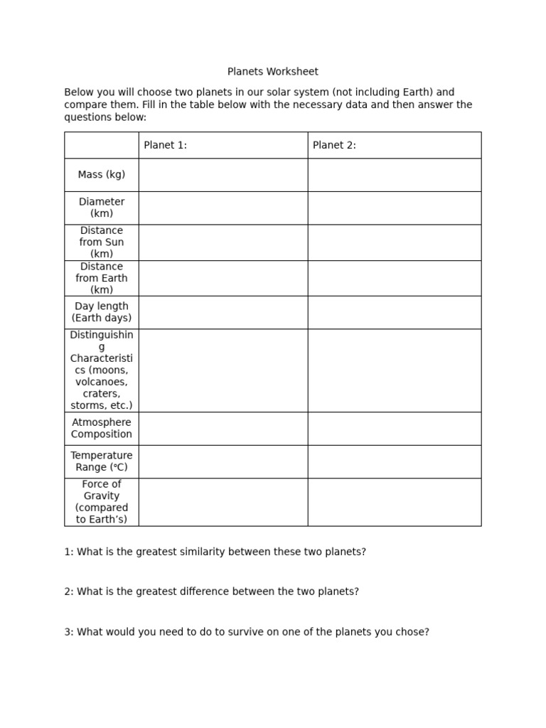 Comparing Planets Worksheet | PDF | Jupiter | Planets