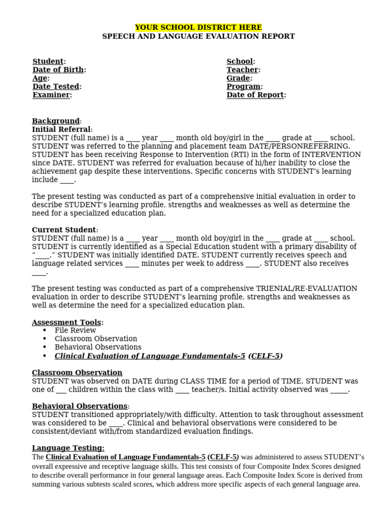 CELF-5 Speech Evaluation Report | PDF | Linguistics | Human Communication
